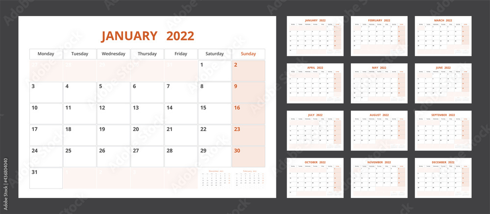 2022 calendar planner set for template corporate design week start on ...