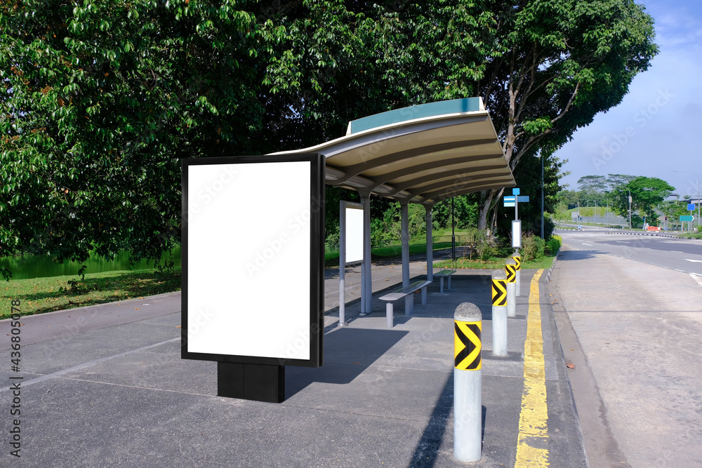 Blank advertising poster banner mockup at empty bus stop shelter by ...