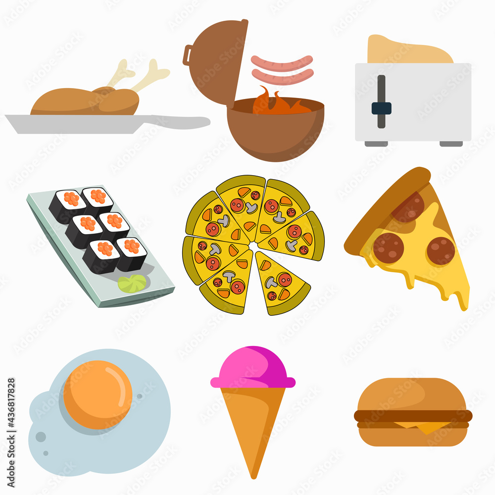 Food vector clip art set. pizza, hamburger, fried egg, toast, ice cream ...