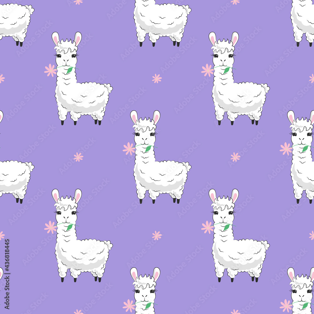 Cute fluffy llama and pink flower seamless pattern. White hand drawn ...