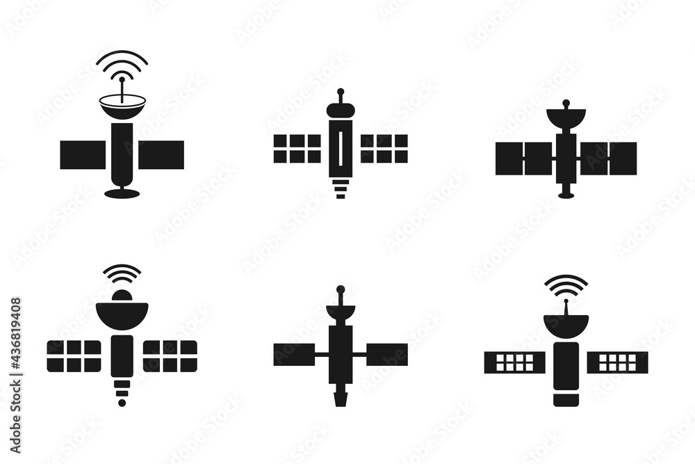 Satellite icon set. Various satellites collection. Global communication ...