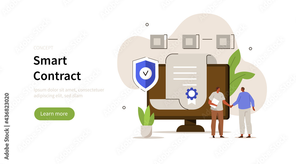 Character shaking hands near computer with signed online contract ...