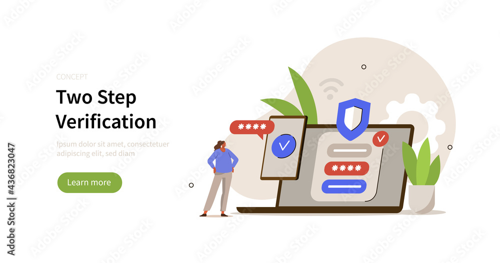 Character using two steps verification to protect personal data. User ...