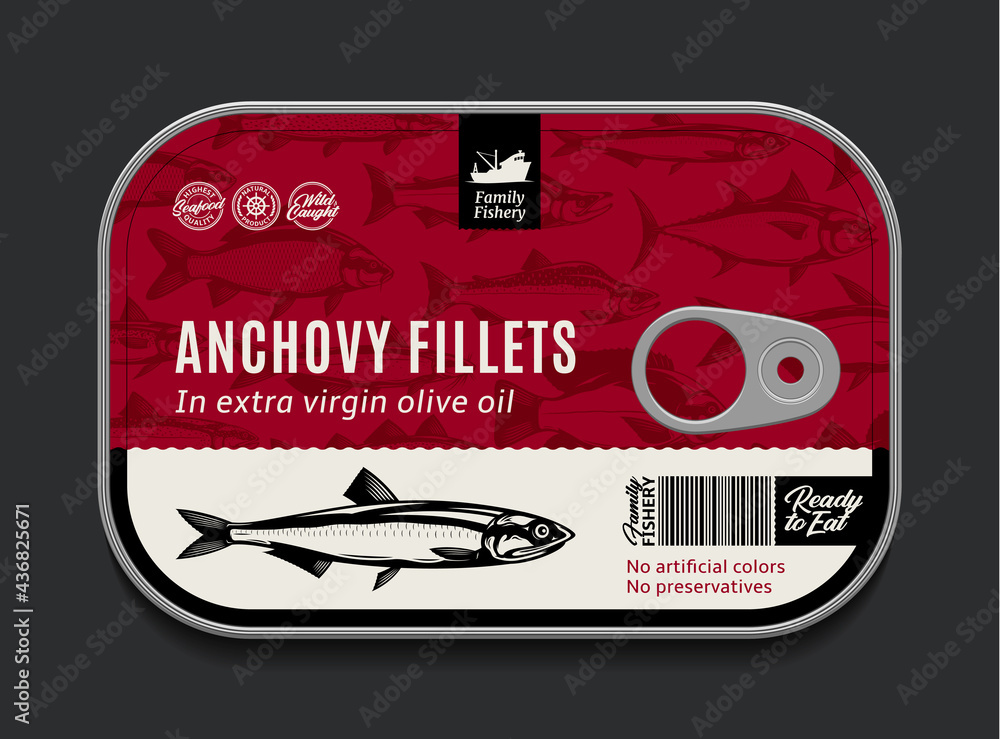 Canned anchovy label template, vector fish tin can with label cover ...