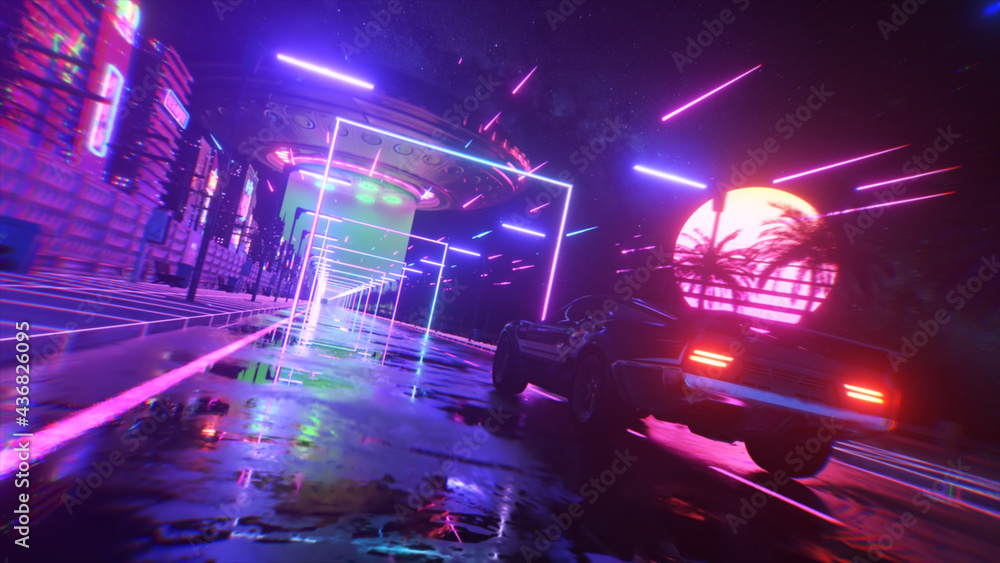 Car and city in neon style. 80s retro wave background 3d illustration ...