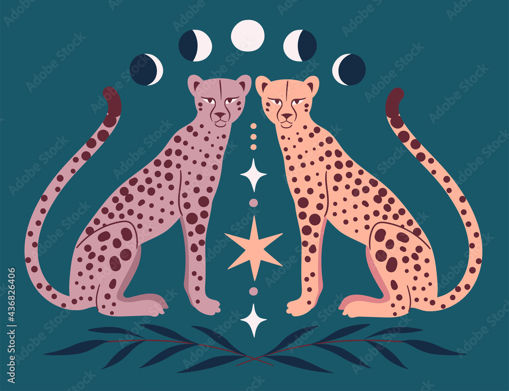 Poster Cute Leopards, Moon phases, stars, floral branch – Wall Art ...