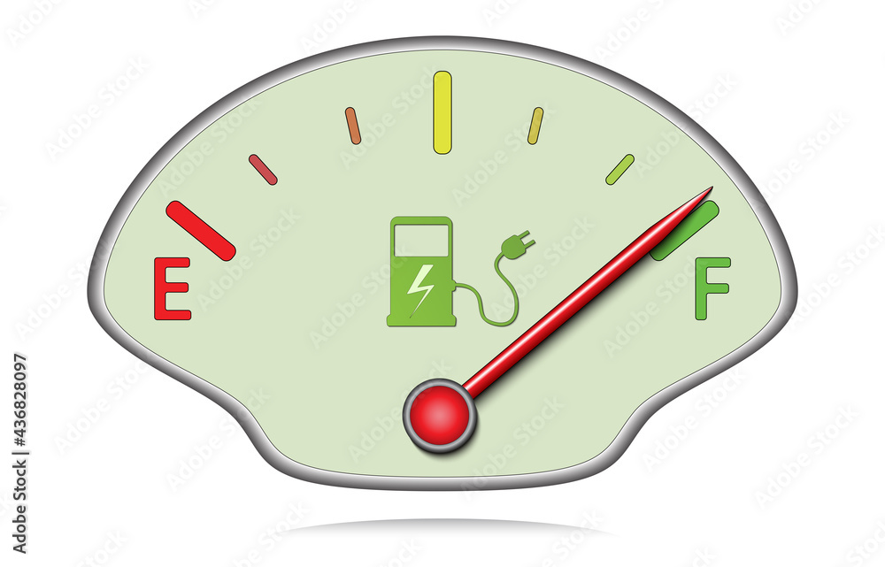 Electric and hybrid car charging indicator with red pointer. Charging ...