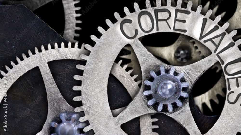 Group of rotating tooth wheels with Core Values sign imprinted on metal ...