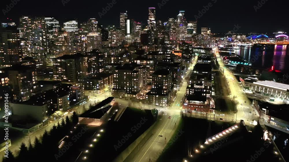 Cinematic 4K aerial, after sunset, night drone clip of downtown Seattle ...