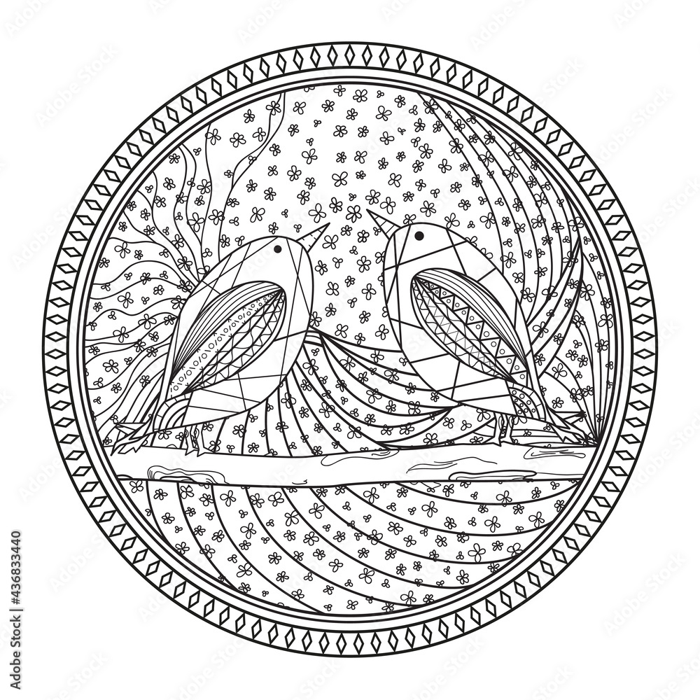Birds. Circle pattern. Zentangle. Hand drawn birds with abstract ...