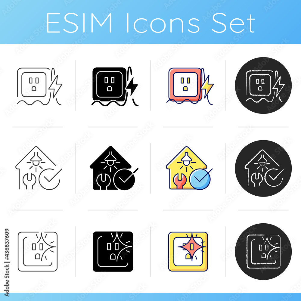 Electrician service icons set. Brief overvoltage spikes. Short circuit ...