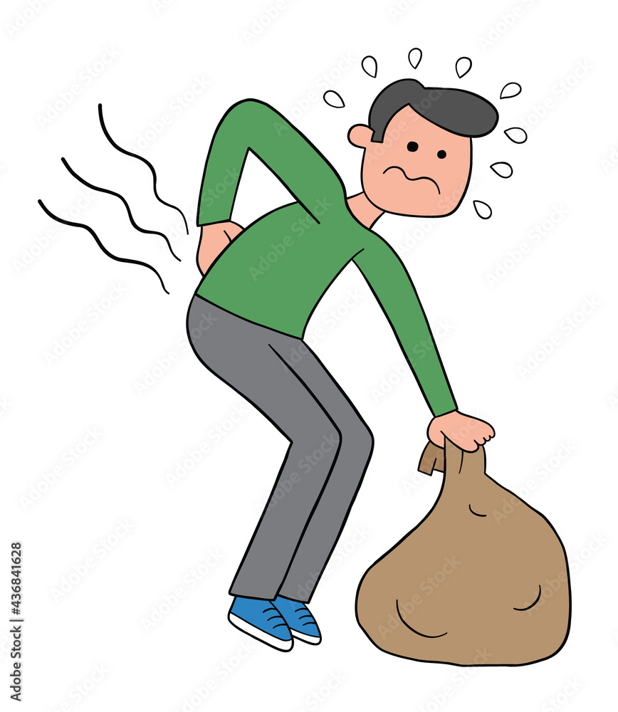 Cartoon man bends down to pick up the sack but his back hurts, vector ...
