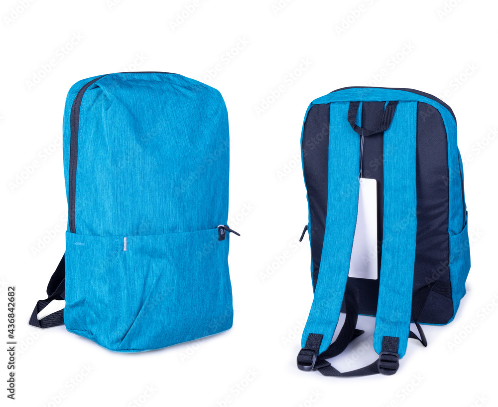 Blue and black backpack front and back view isolated over white ...