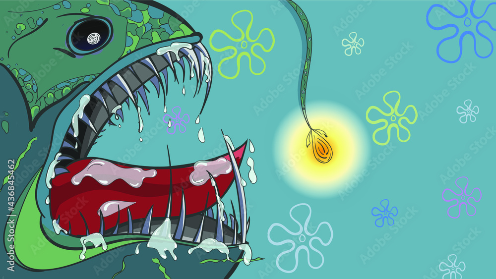 Fish monster, monster with teeth, art underwater, cartoon monster, sea ...