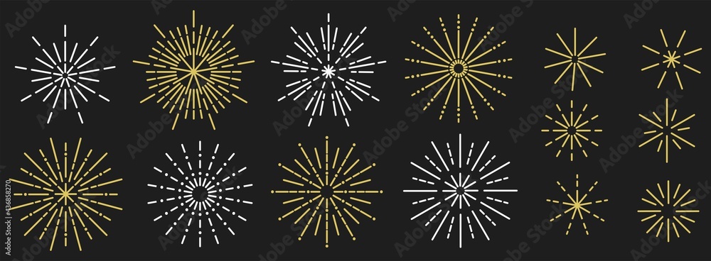 Line art fireworks vector illustration. Flat style gold and white ...
