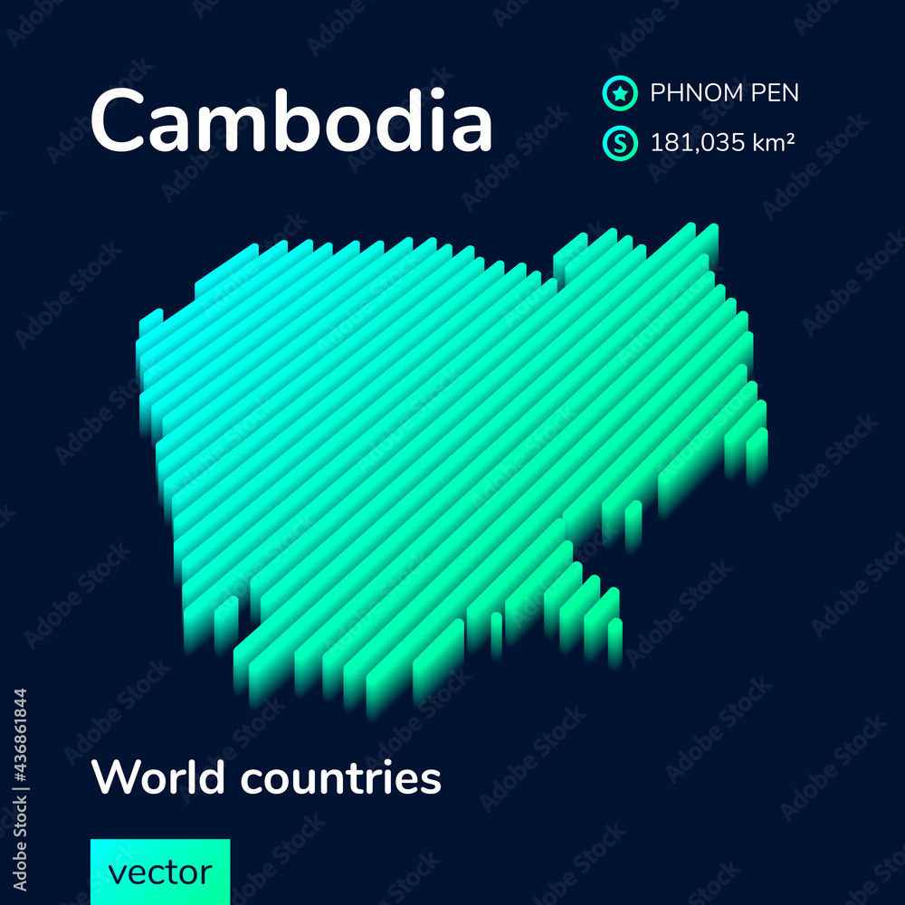 Stylized striped isometric neon vector Cambodia map with 3d effect. Map ...