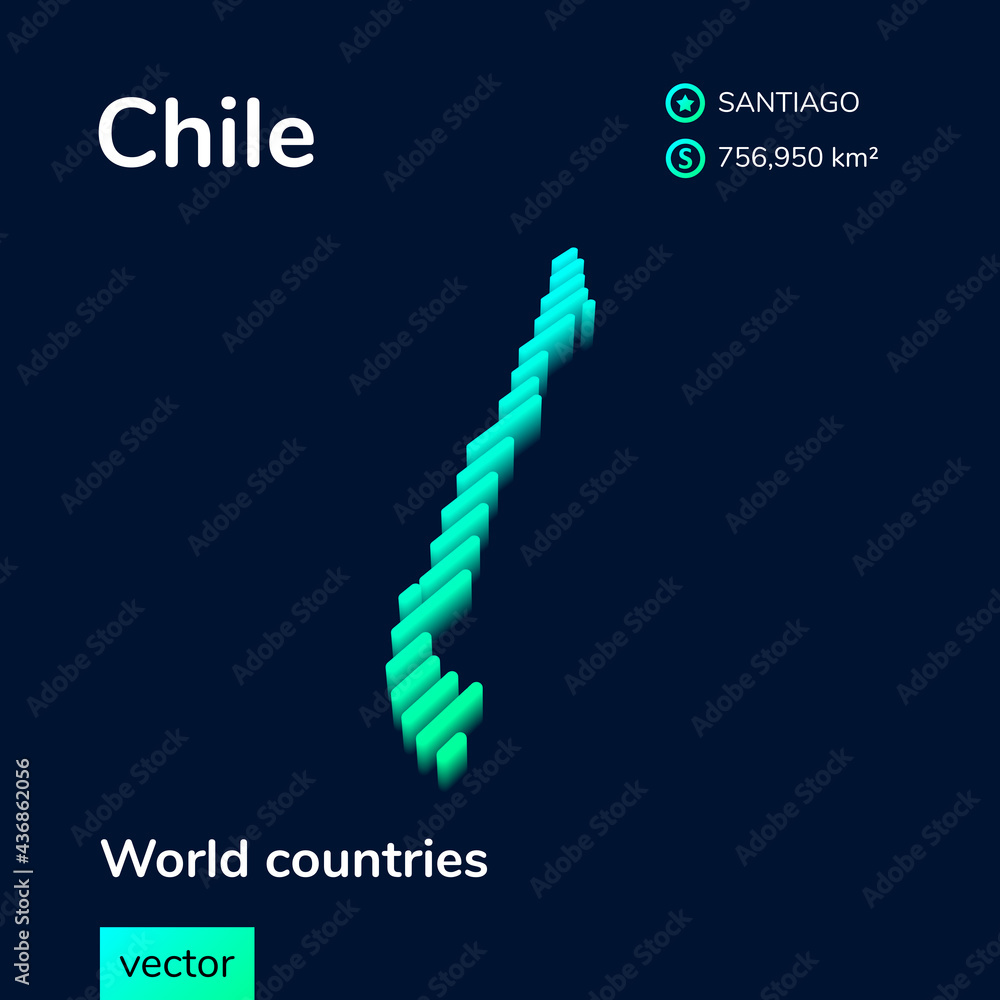 Stylized isometric vector isometric neon 3d Chile map in mint turquoise ...