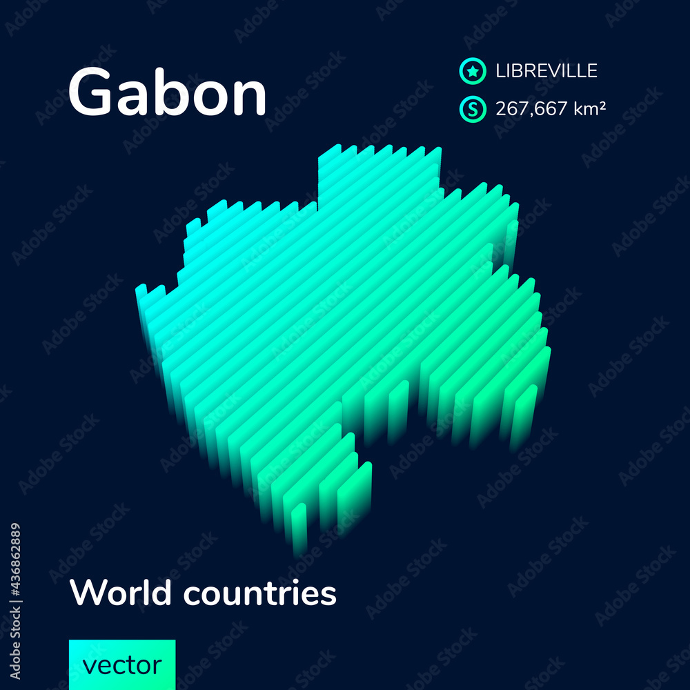 Stylized striped vector isometric 3d map of Gabon. Map of Gabon is in ...