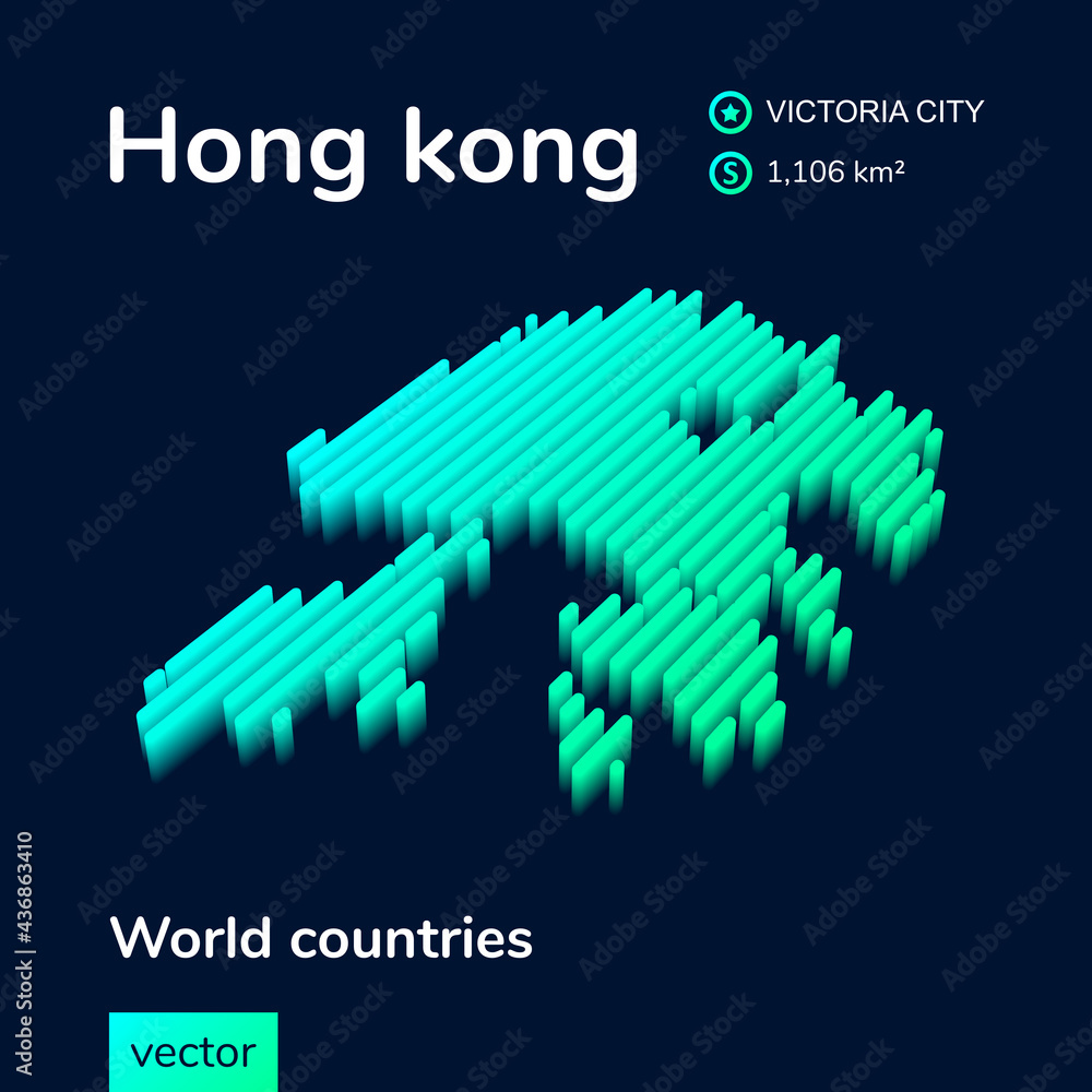 Stylized isometric neon vector 3d Hong Kong map in mint turquoise ...