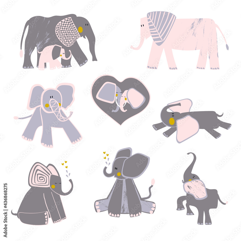 Cute Eight Elephants Vector Illustration Set. Baby animals. For ...