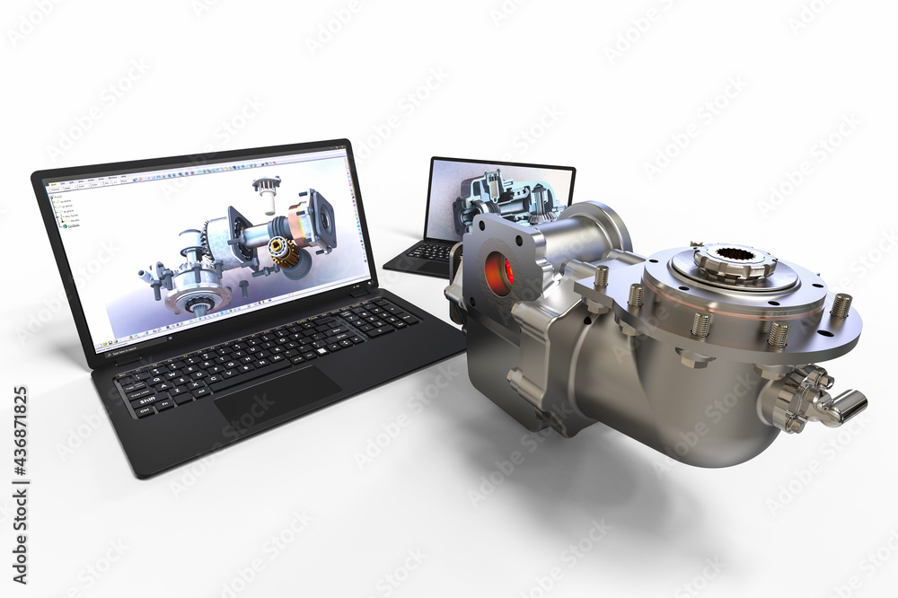 3D render image of a gearbox representing computer aided design for ...