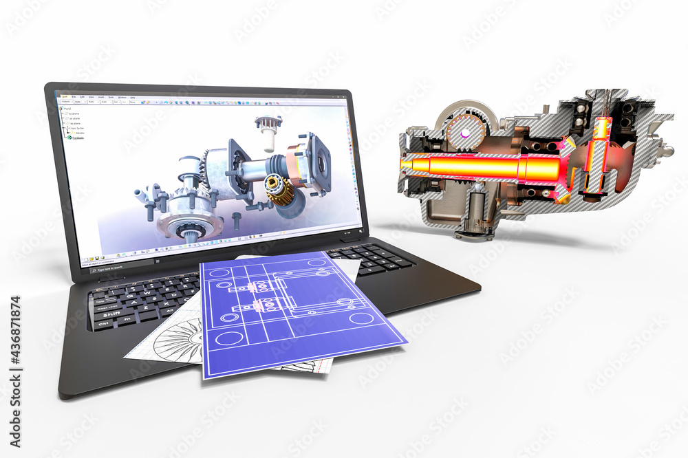 3D render image of a gearbox representing computer aided design for ...