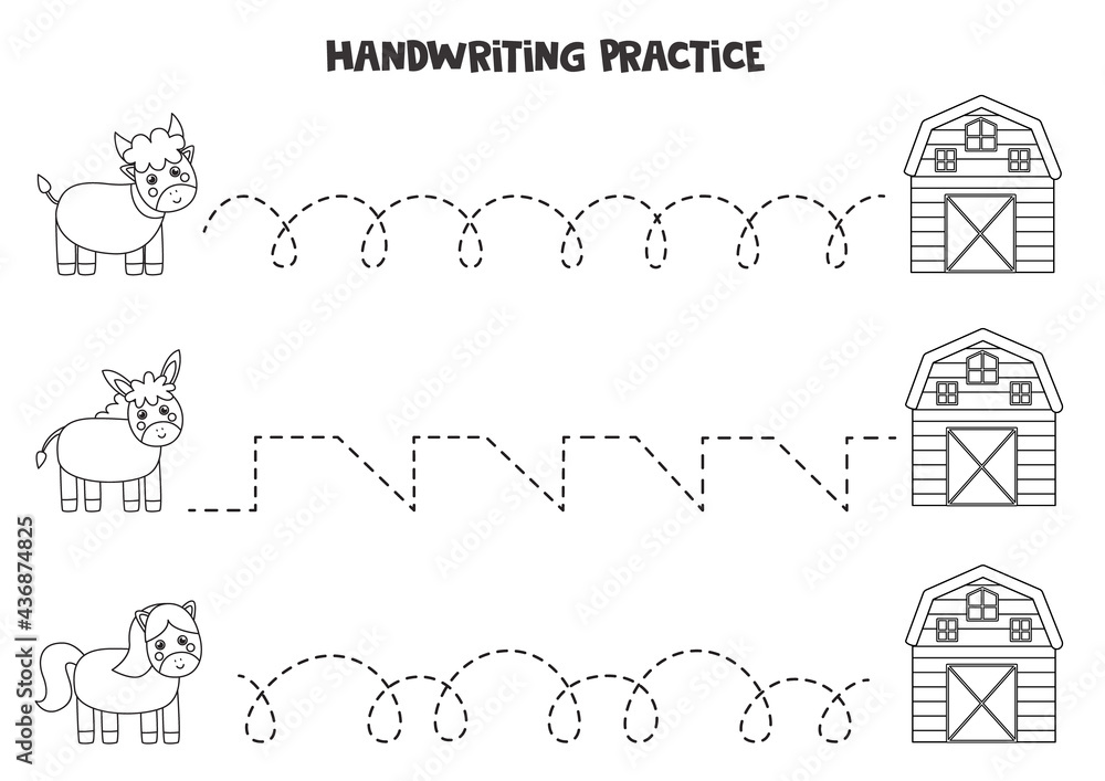 Tracing lines with black and white cute farm animals. Writing practice ...
