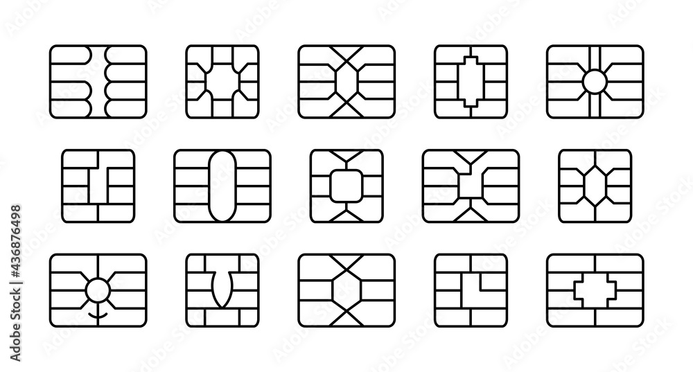 EMV chip. Credit and debit card elements. Vector line icon set. Smart ...