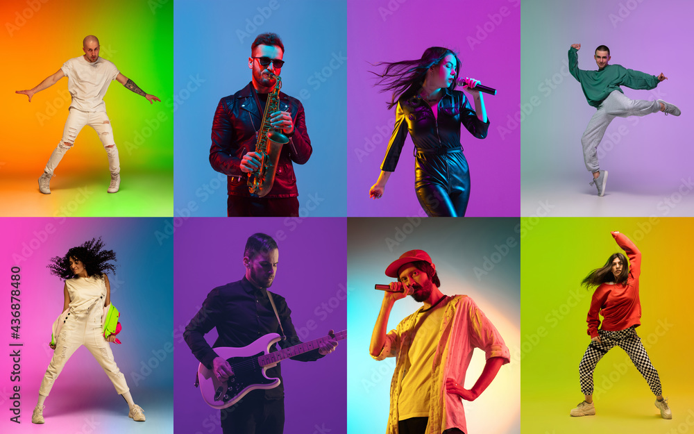 Singers and dancers. Portrait of group of people on multicolored ...