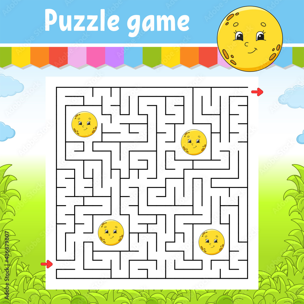 Square maze. Cute moon. Game for kids. Puzzle for children. Labyrinth ...