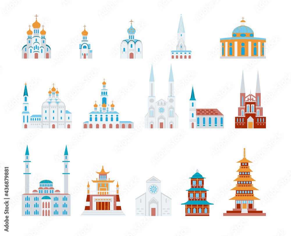 Set of religious buildings of the world Churches Catholic and Christian ...
