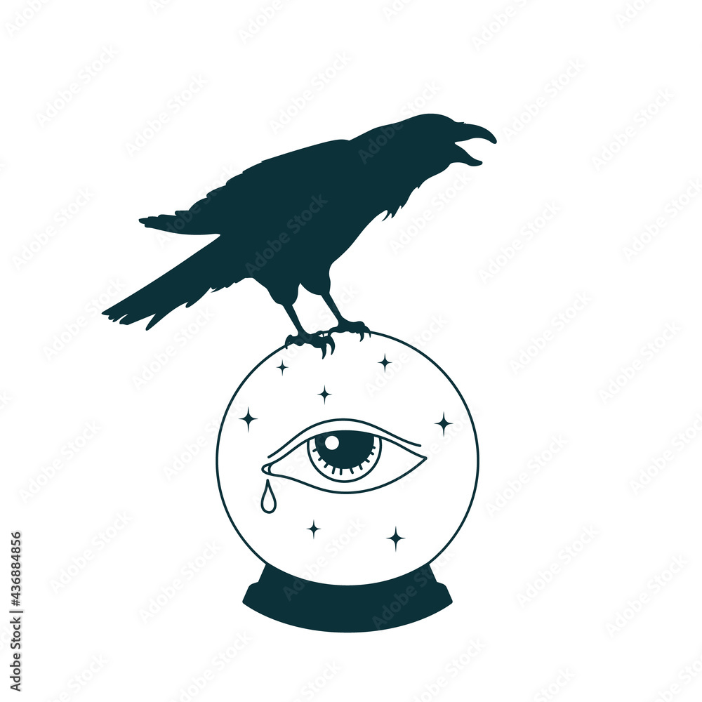 Mystical witch ball with raven. Outline crystal sphere with eye. Tarot ...