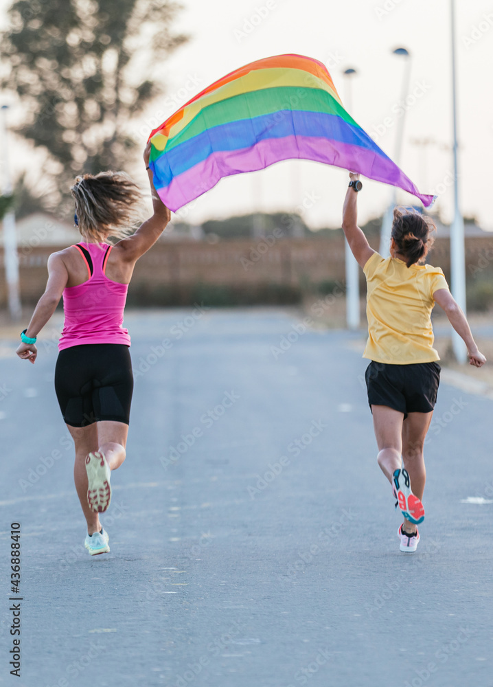 Girls running with LGBT flag. LGBT and lesbian couple concept. Vertical ...
