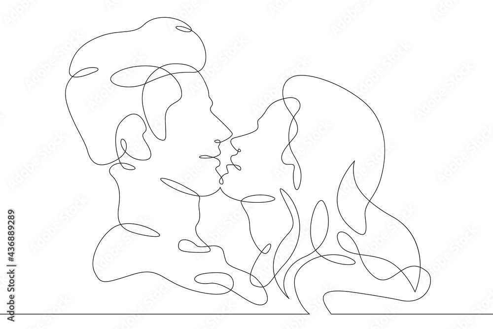 One continuous line.Kissing couple. Kiss of two lovers.Hugs of lovers ...