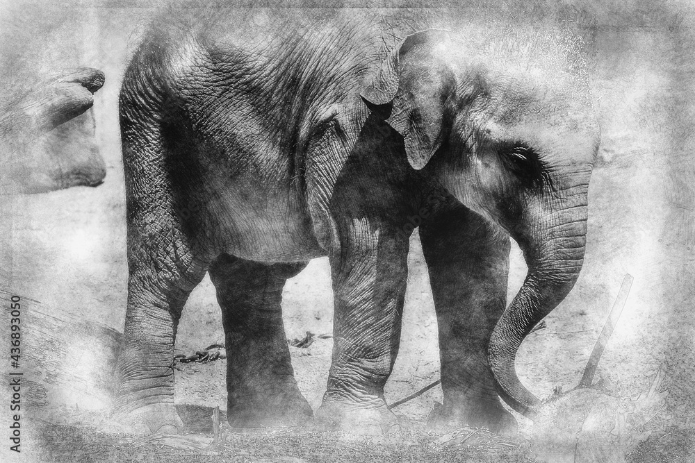 baby elephant playing with a log of wood hand drawing effect with ...
