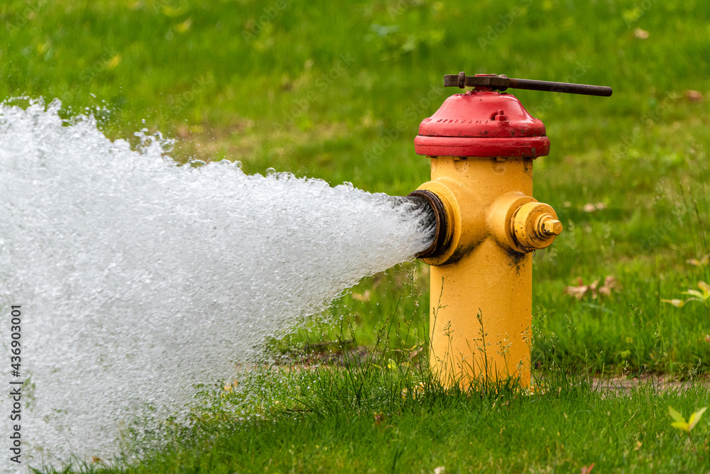 An suburban fire hydrant that has been opened letting water freely flow ...
