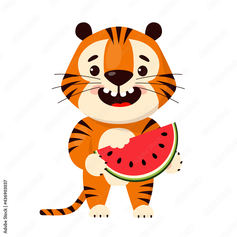 Cute cartoon tiger eating watermelon slice, vector illustration ...