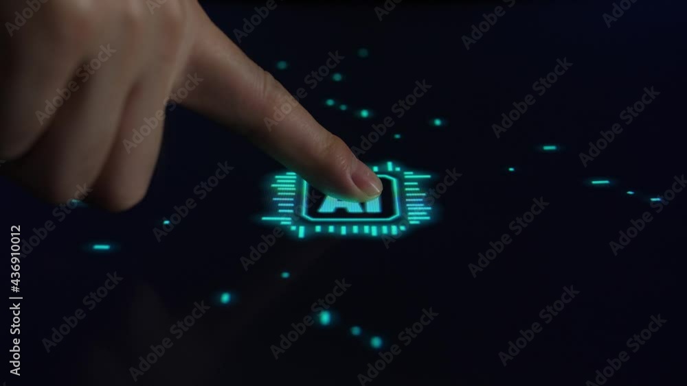 side view, Human Finger Pushes Touch Ai With Futuristic Artificial ...