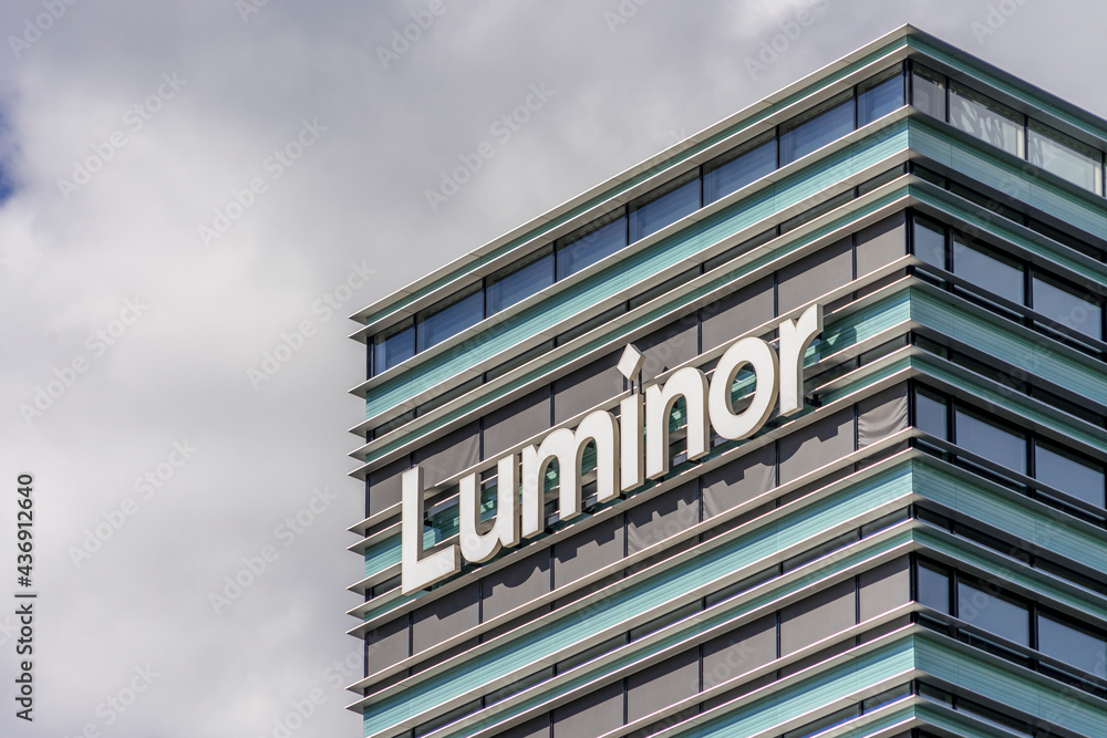 Luminor logo on Luminor head office building on 30 May 2021 in Vilnius ...
