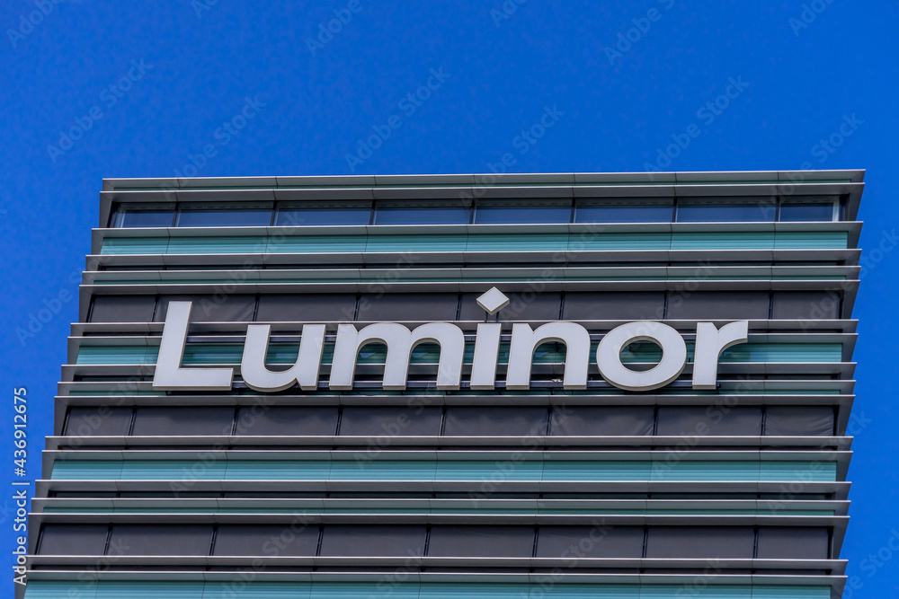 Luminor logo on Luminor head office building on 30 May 2021 in Vilnius ...