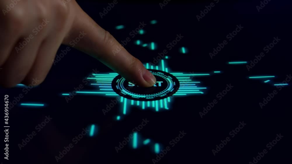side view, Human Finger Pushes Touch Digital Start Button With ...