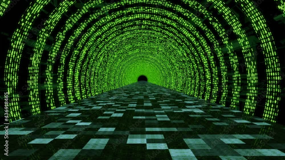 A tunnel made by arcs of green bits 0 and 1 that change their status ...