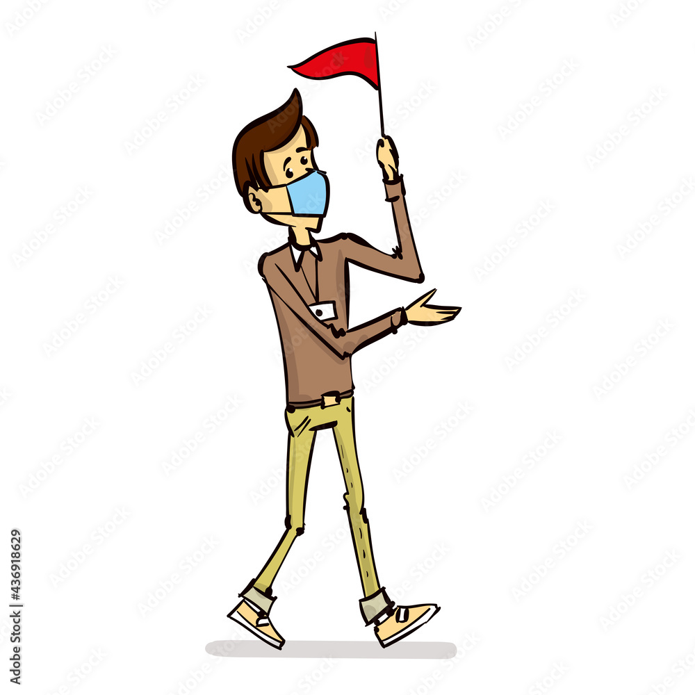 The tourist guide with a flag conducts a tour. Hand drawn cartoon ...