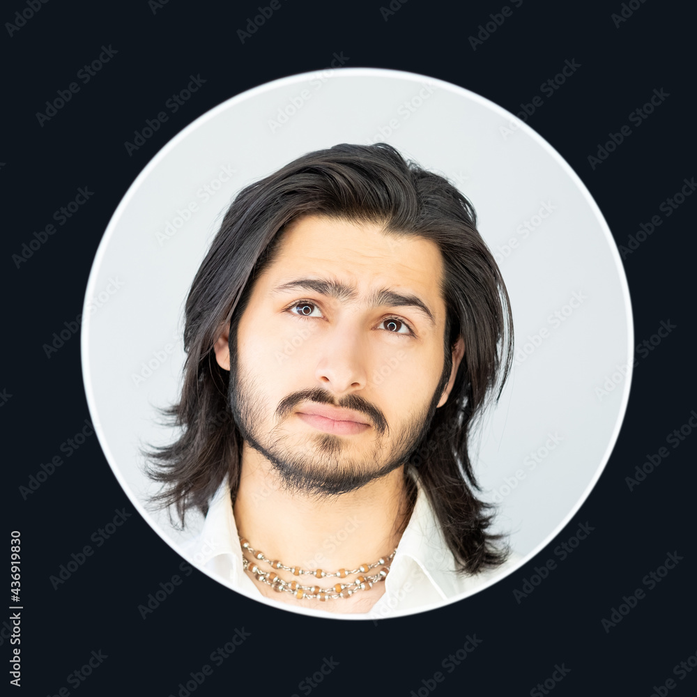 Puzzled man. Hesitating thoughts. Doubtful face portrait. Guess idea ...