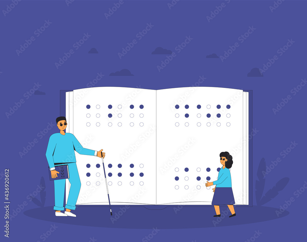 Braille literacy. Blind young man and girl with huge book. Vector ...