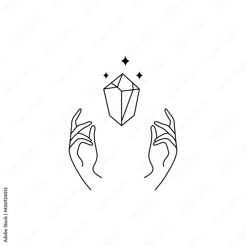 Boho hand drawn magic logo. Minimal bohemian mystic line hands hold ...