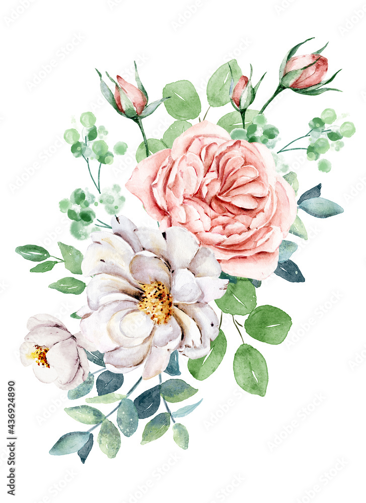 Pink and white flowers, leaves watercolor floral clip art. Bouquet ...