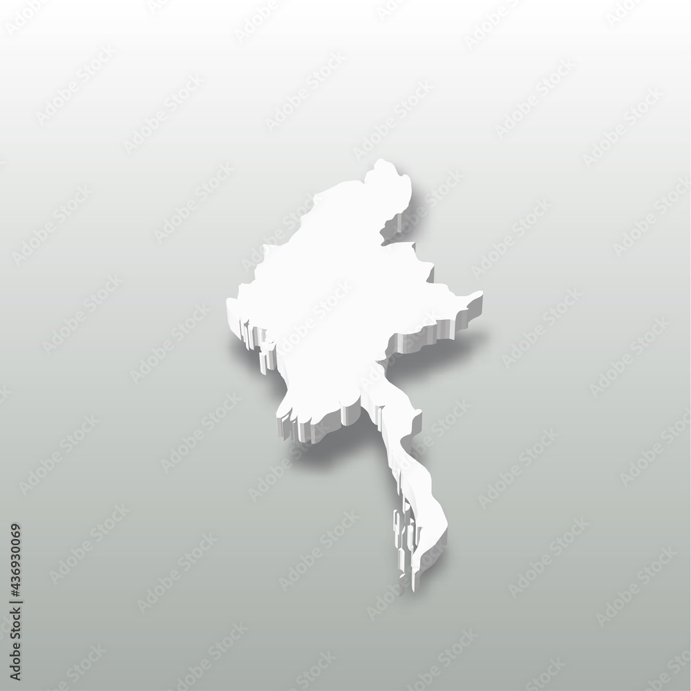 Burma, Myanmar - white 3D silhouette map of country area with dropped ...