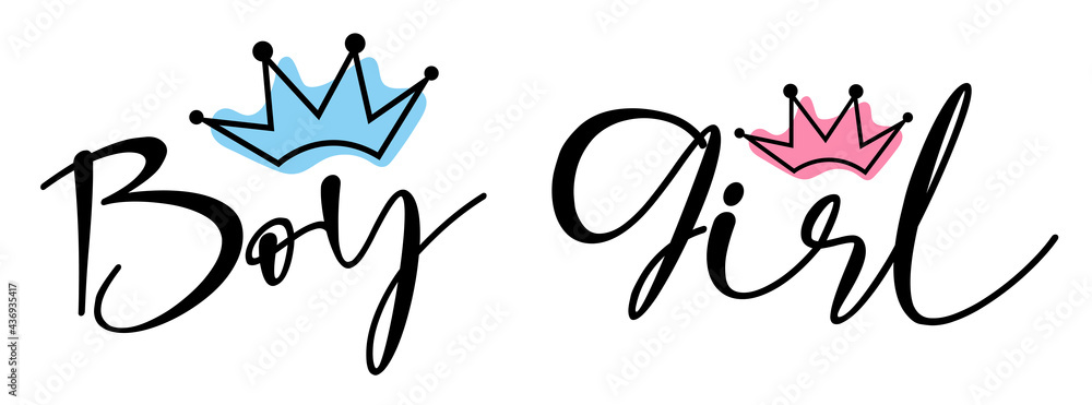 Boy and Girl with crown handwritten lettering set. Phrases and elements ...