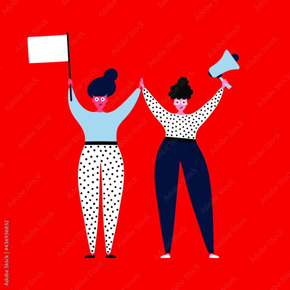 Two girls with megaphone and flag holding hands up - Woman protester ...